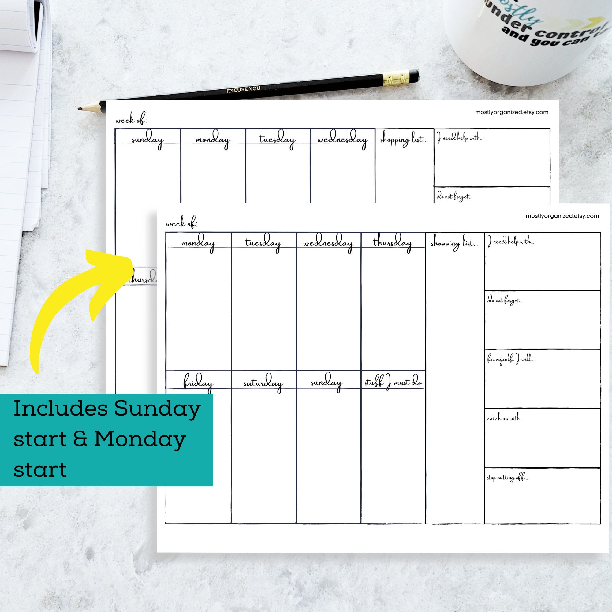 Horizontal Weekly Planner Printable, Landscape Weekly Planner Printable ...