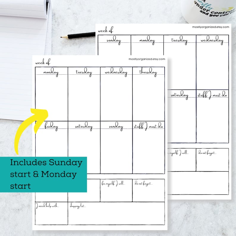 One Page Weekly Planner Download Week at a Glance Planner - Etsy