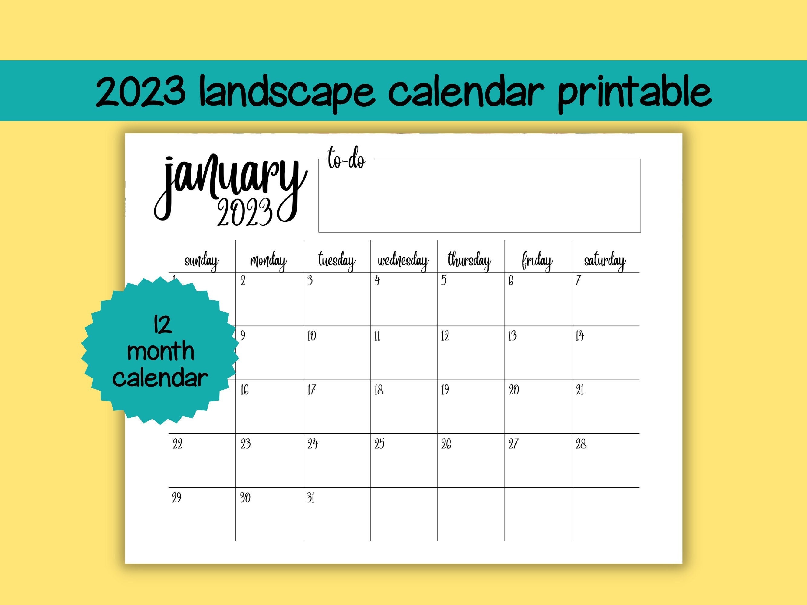 12 Month Calendar Download, Horizontal Planner Insert, Minimalist 2023 ...