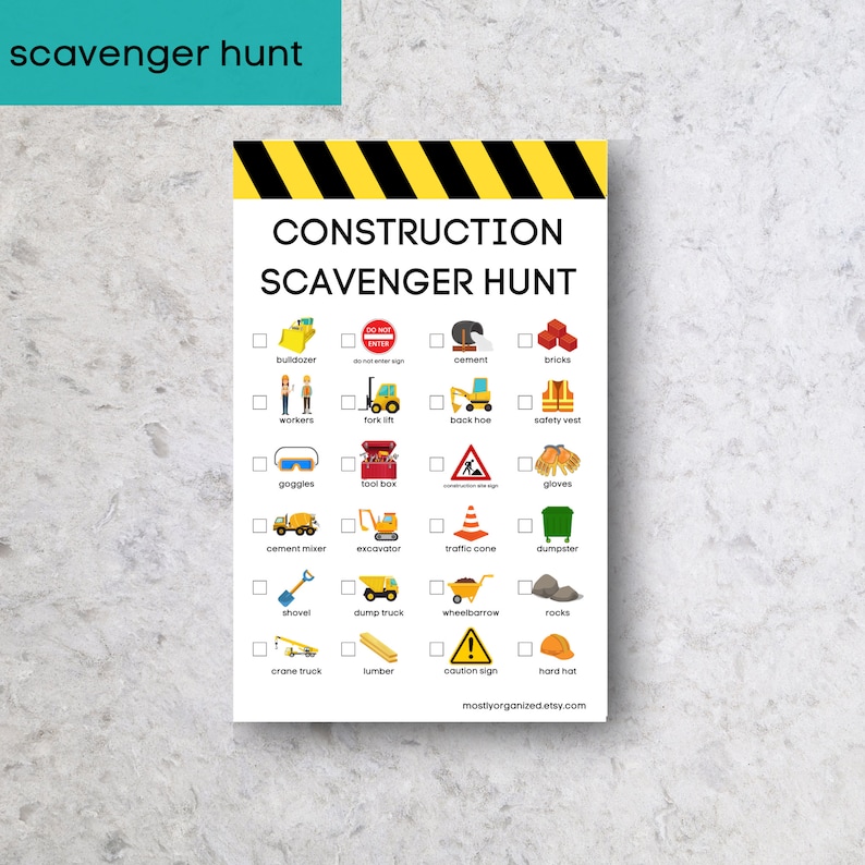 Construction Scavenger Hunt, Construction Bingo, Construction Party ...