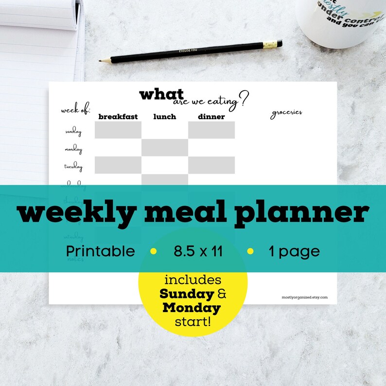 Horizontal Weekly Meal Planner Printable, Weekly Menu Planner Printable ...