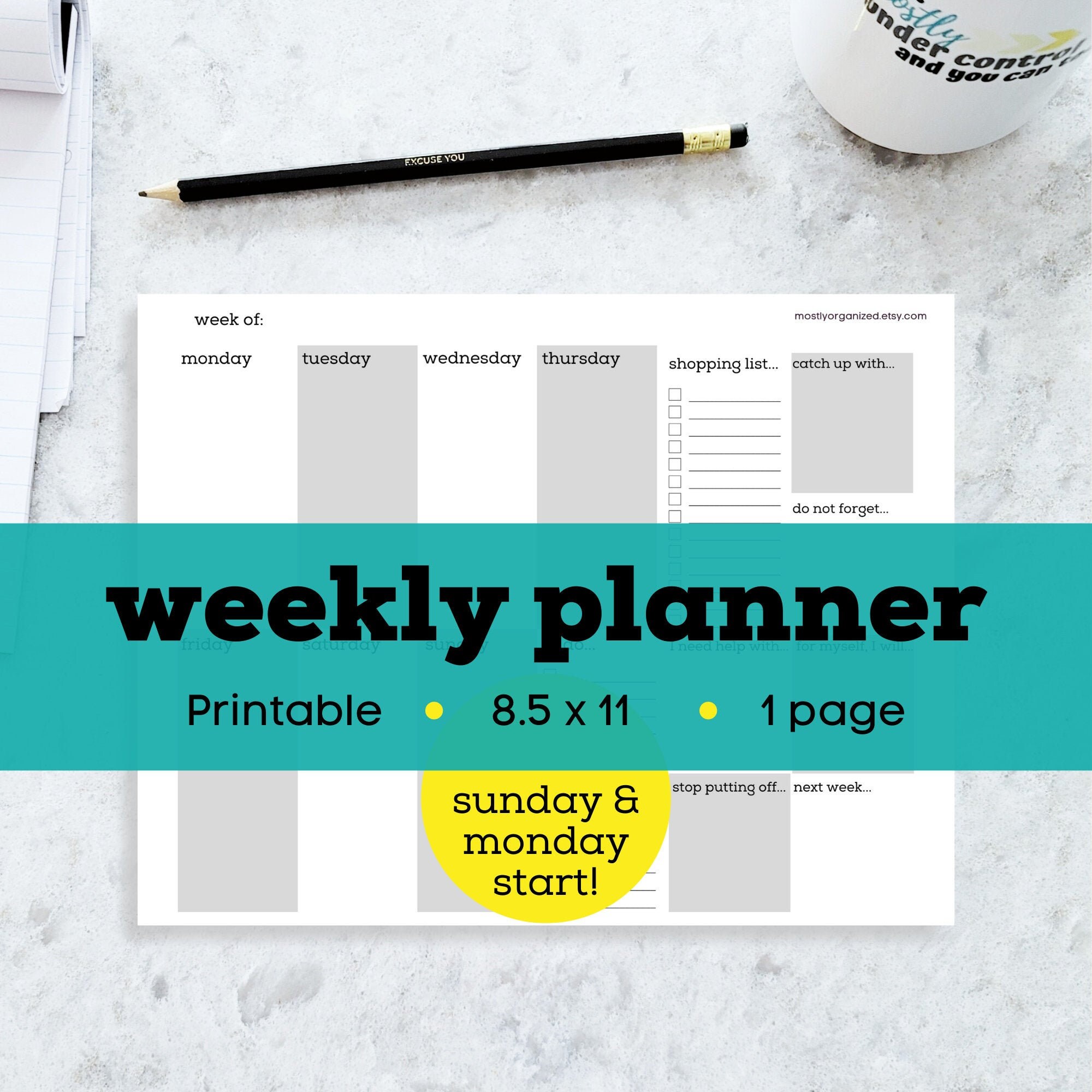 Landscape Weekly Planner Printable Minimal, Letter Size Weekly, Mom ...