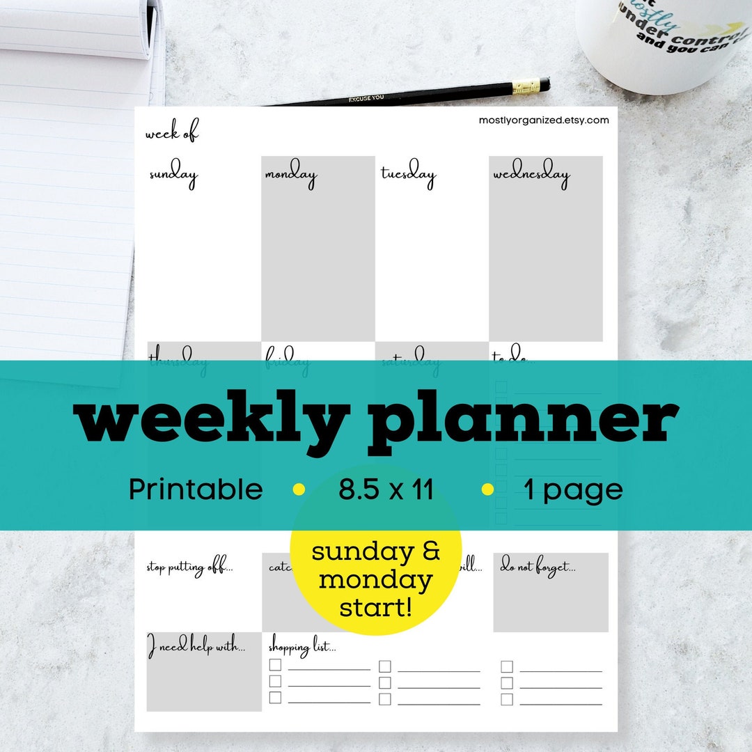 One Page Weekly Planner Printable Minimalist, Week at a Glance Planner ...