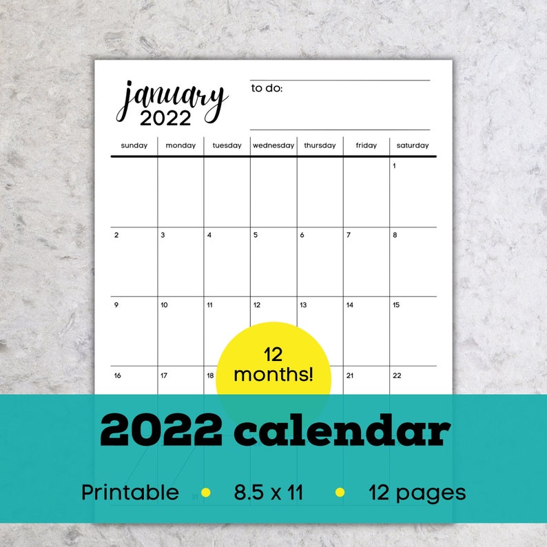 Minimalist 2022 Calendar Printable Monthly 2022 Monthly | Etsy