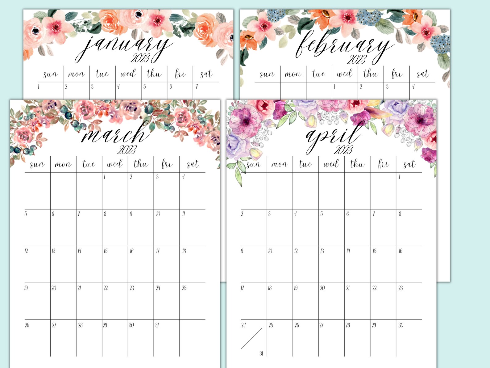 Watercolor 2023 Calendar Printable, Monthly Calendar Printable Pretty ...