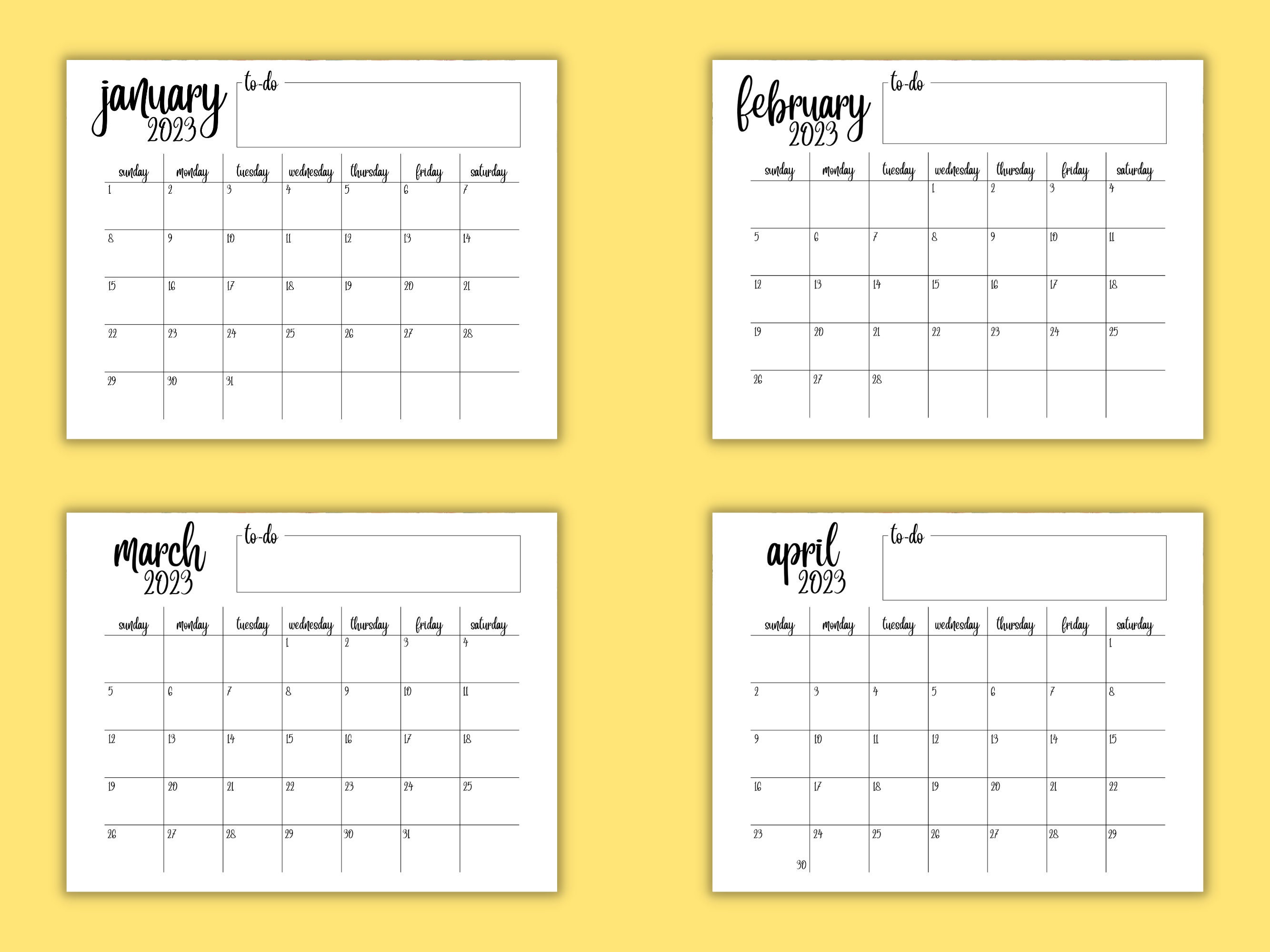 12 Month Calendar Download, Horizontal Planner Insert, Minimalist 2023 ...