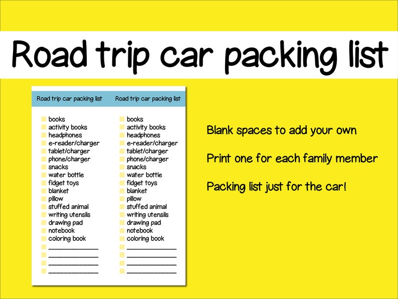Kids' Packing List, Packing List for Road Trip, Car Ride Packing ...