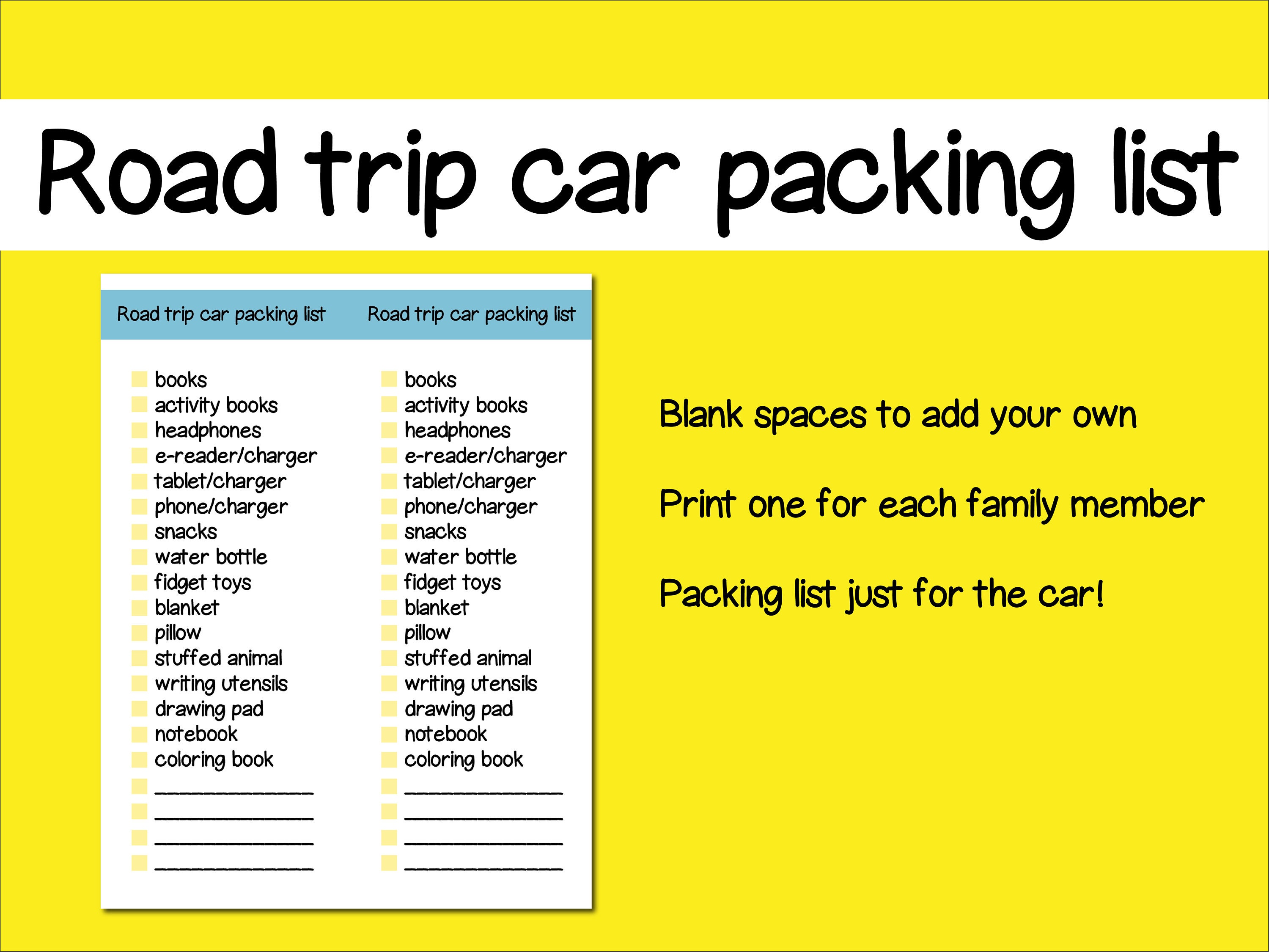 Kids' Packing List, Packing List for Road Trip, Car Ride Packing ...