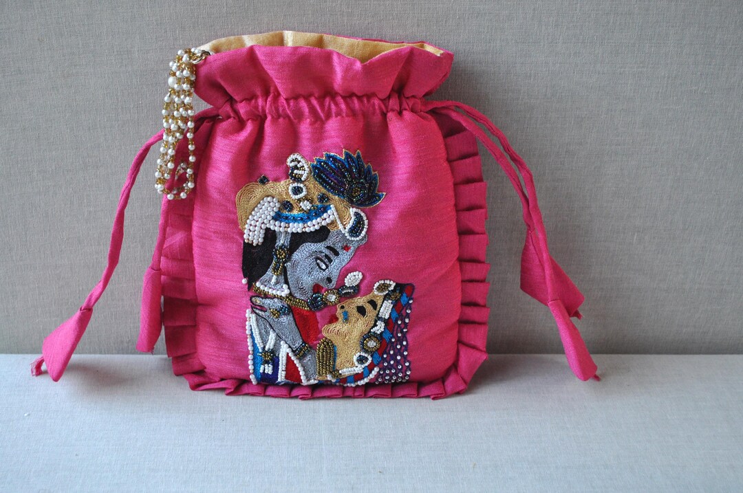 Radha-krishna Potali Bag: Handmade Beaded Hindu Gift Pouch - Etsy