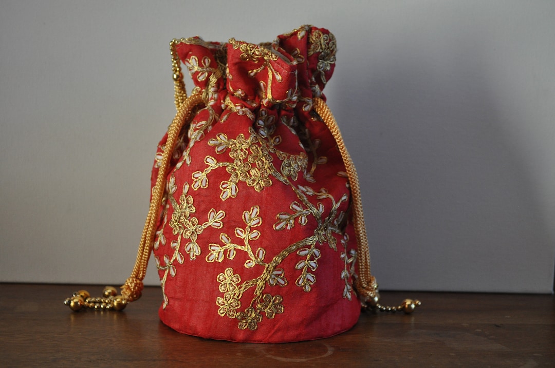 Red and Gold Embroidered Silk Potali Bag: Indian Wedding Favor - Etsy