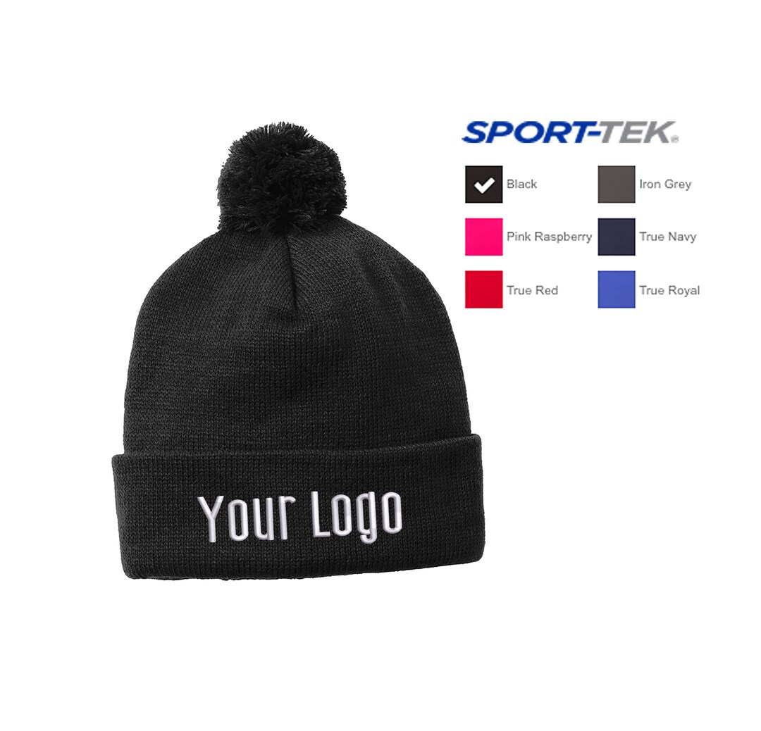STC37 Sport-tek ® Solid Pom Pom Beanie, Custom Beanies, Embroidery ...