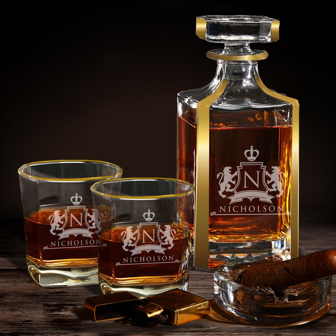 Personalized Decanter Set With Gold Accent, Engraved Groomsman Set ...