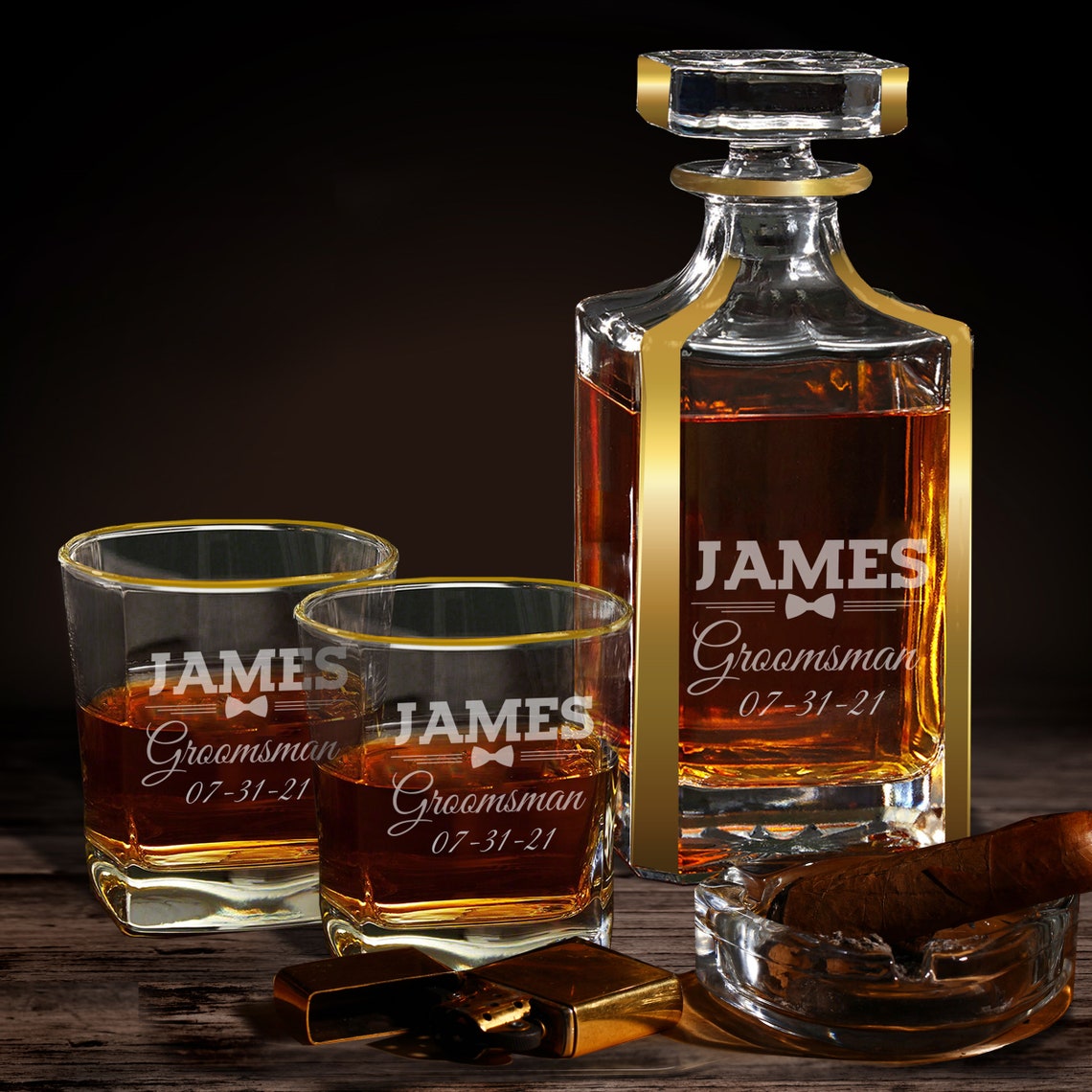 Personalized Decanter Set With Gold Accent, Engraved Groomsman Set ...