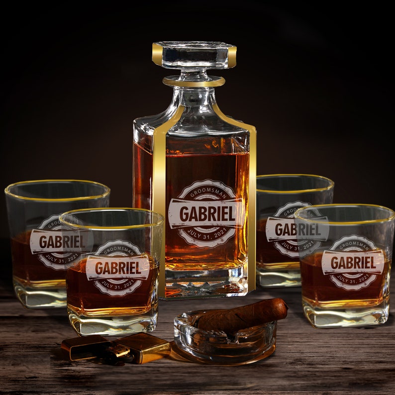 Personalized Decanter Set With Gold Accent Engraved Groomsman - Etsy