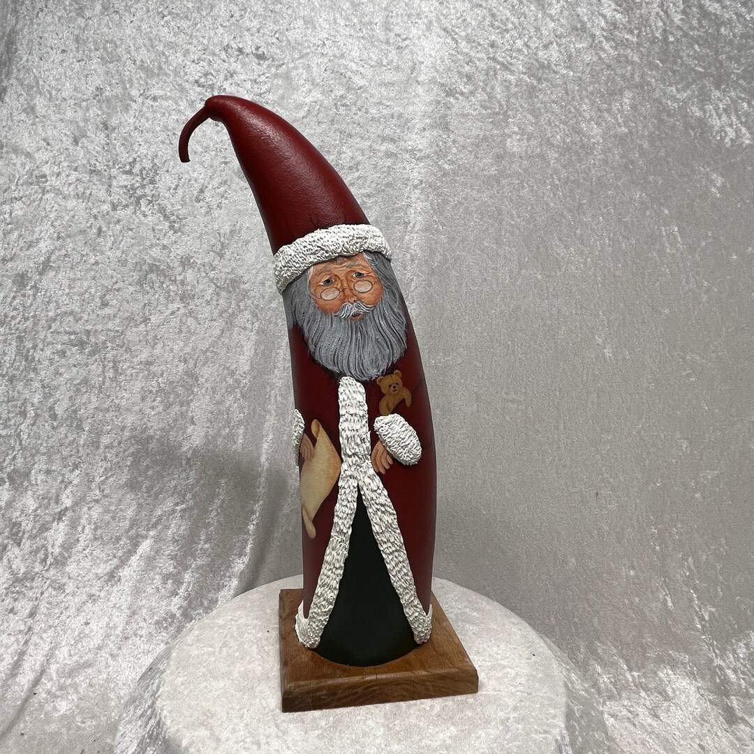 Tall Santa Hand Painted on a Dried and Preserved Gourd. He Has a List ...