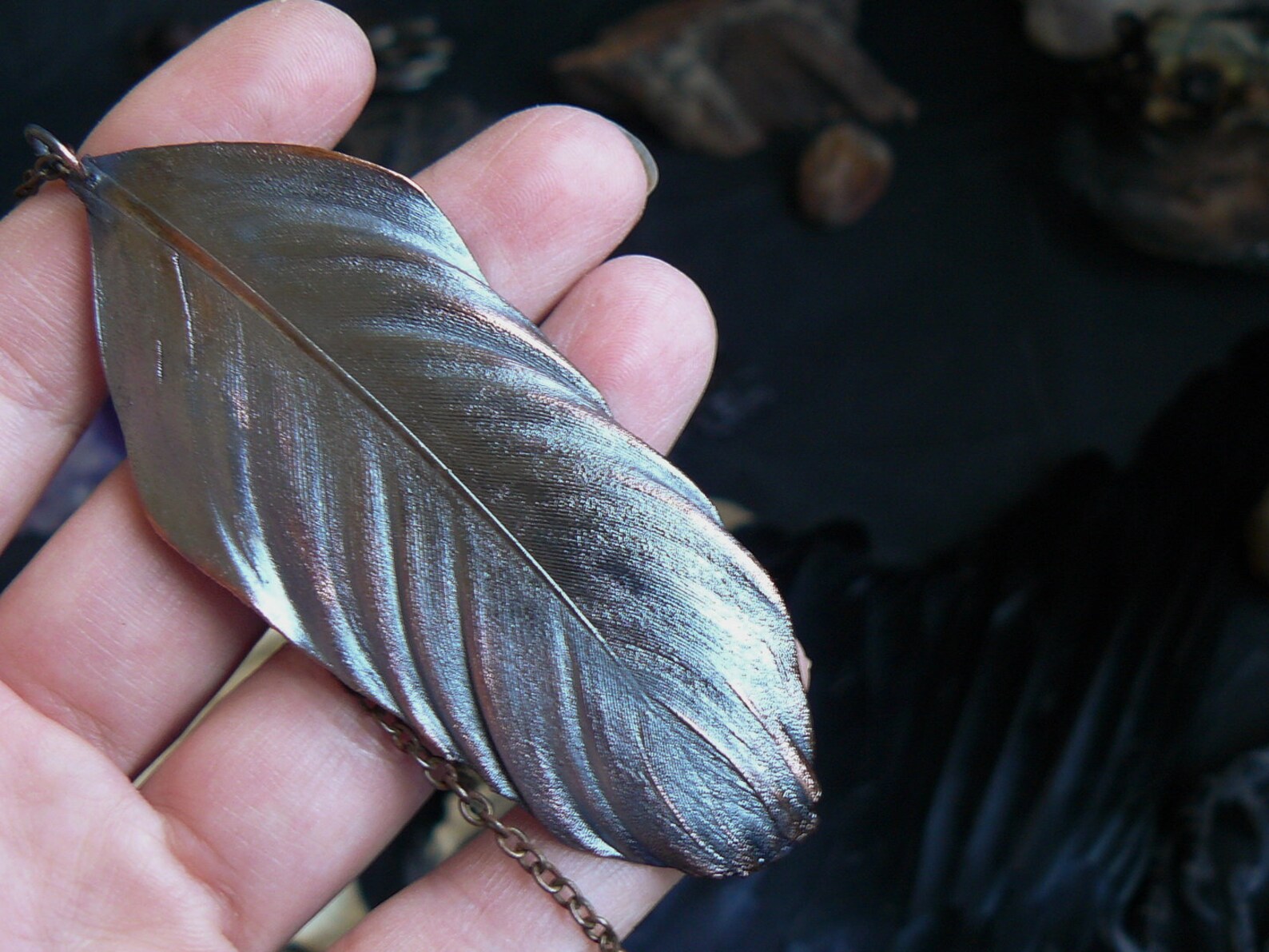 Electroformed Crow Feather_copper-plated_pagan Pendant_natural | Etsy