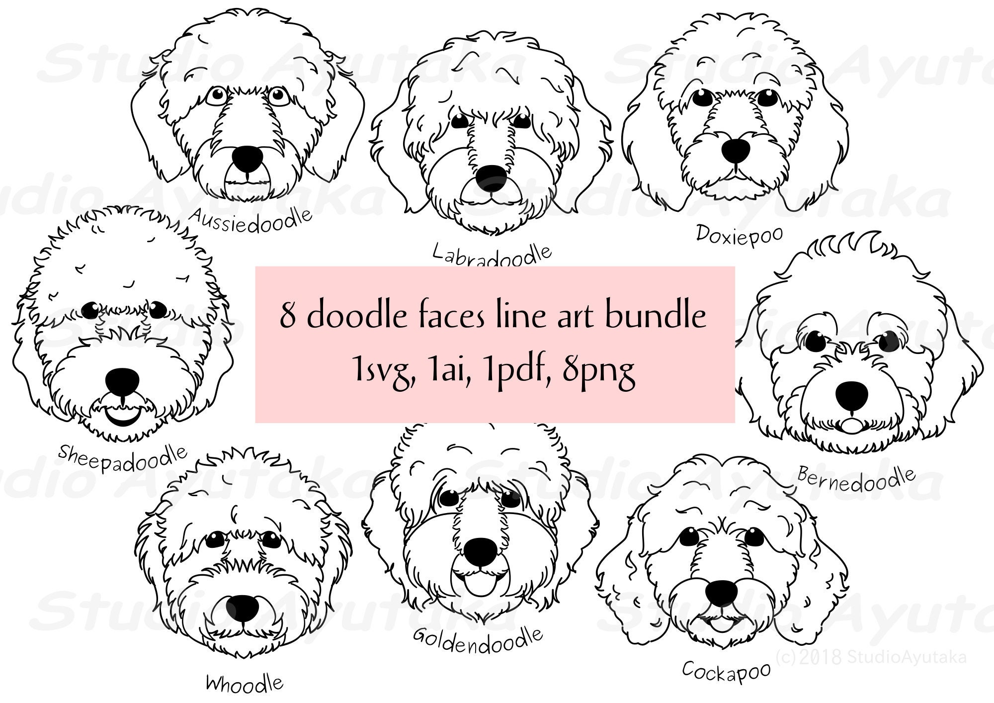 8 Doodle Breed Dog Head Line Arts Bundle Svg Ai Pdf Png - Etsy