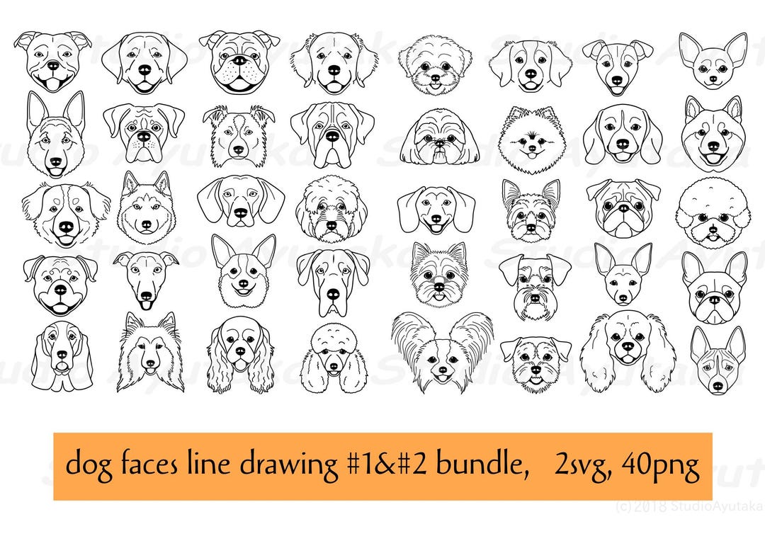 40 Realistic Dog Faces Line Drawing Big Bundle, Svg, Png, Digital ...
