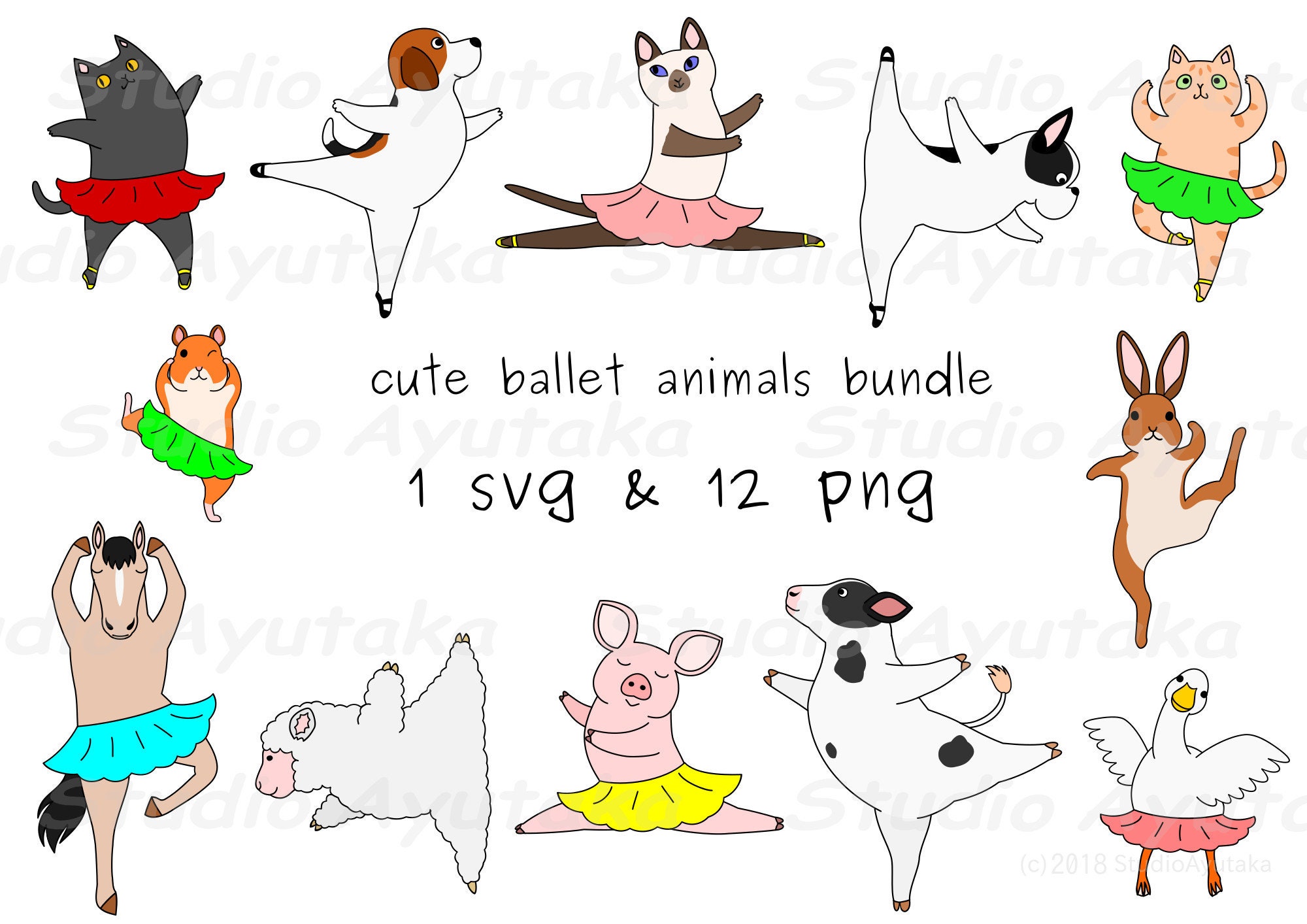 12 Ballet Animals Bundle, Svg, Png, Illustration, Digital Drawing ...