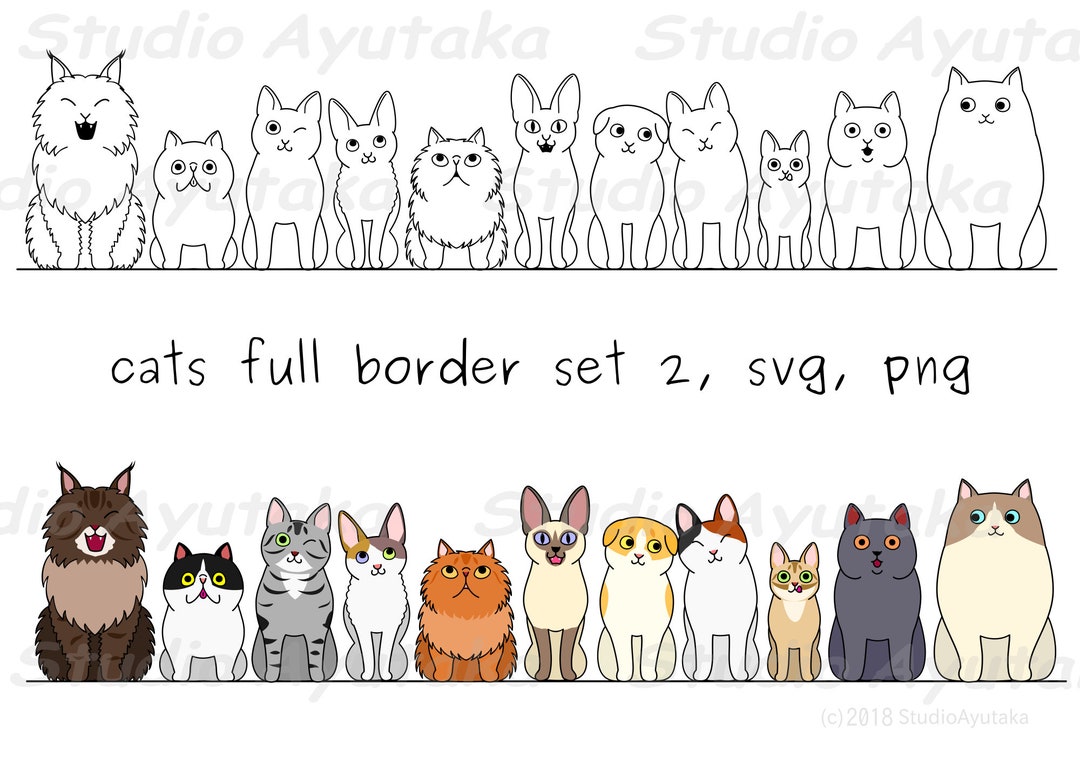 Cats Full Border Set 2, Line Art & Color , Svg, Png, Illustration ...