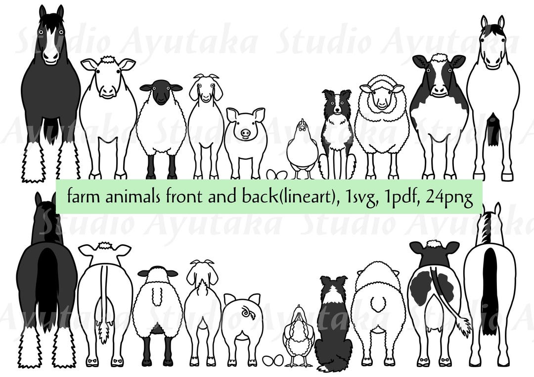 Farm Animals in a Row, Front & Back Bundle, Line Art, Svg, Pdf, Png - Etsy