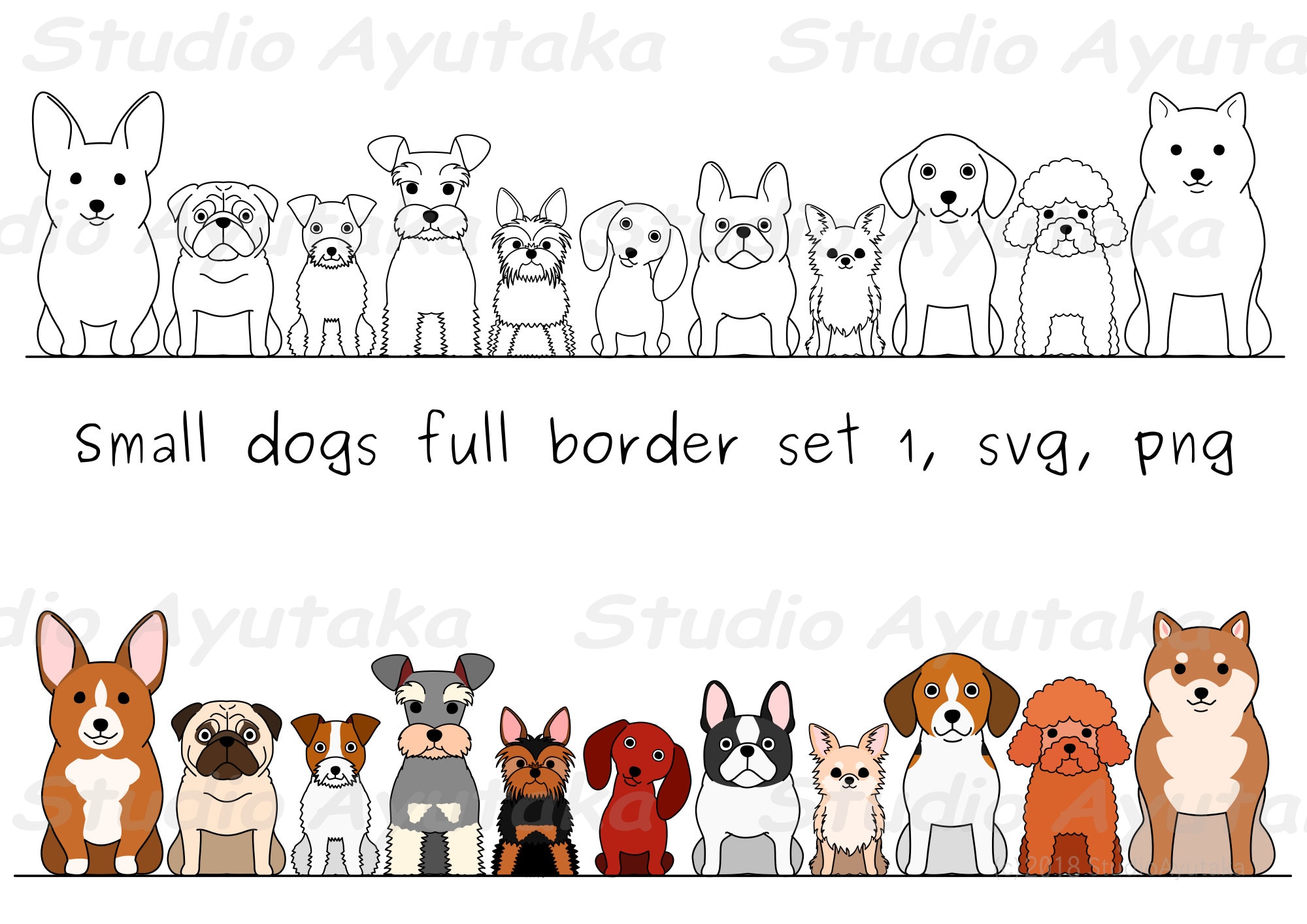 Small Dogs Full Border Set 1 Line Art&color Svg Png | Etsy