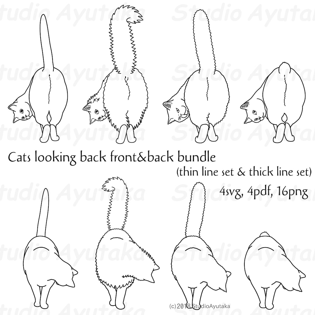 Cats Looking Back Front&back Bundle, A Set of One Drawn With Thin Lines ...