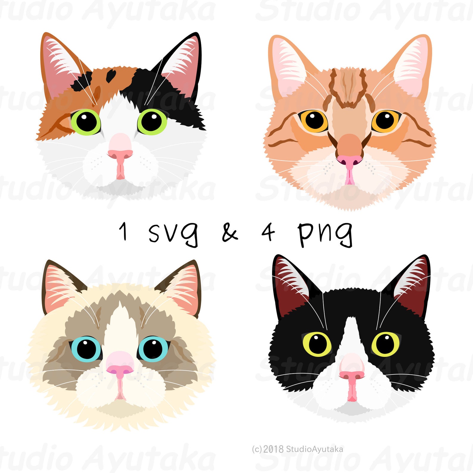 4 Cats Faces, Svg, Png - Etsy
