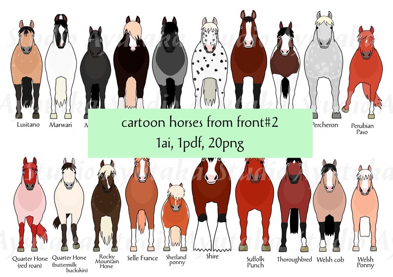 Cartoon Horses From Front #2, Ai, Pdf, Png, Illustration, Digital ...