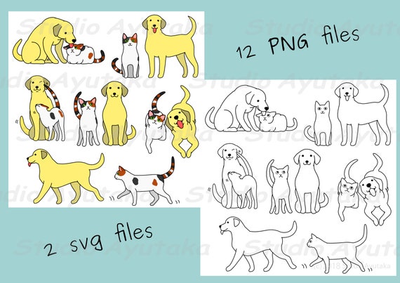 Calico cat&labrador dog pair set colorline art svg png | Etsy