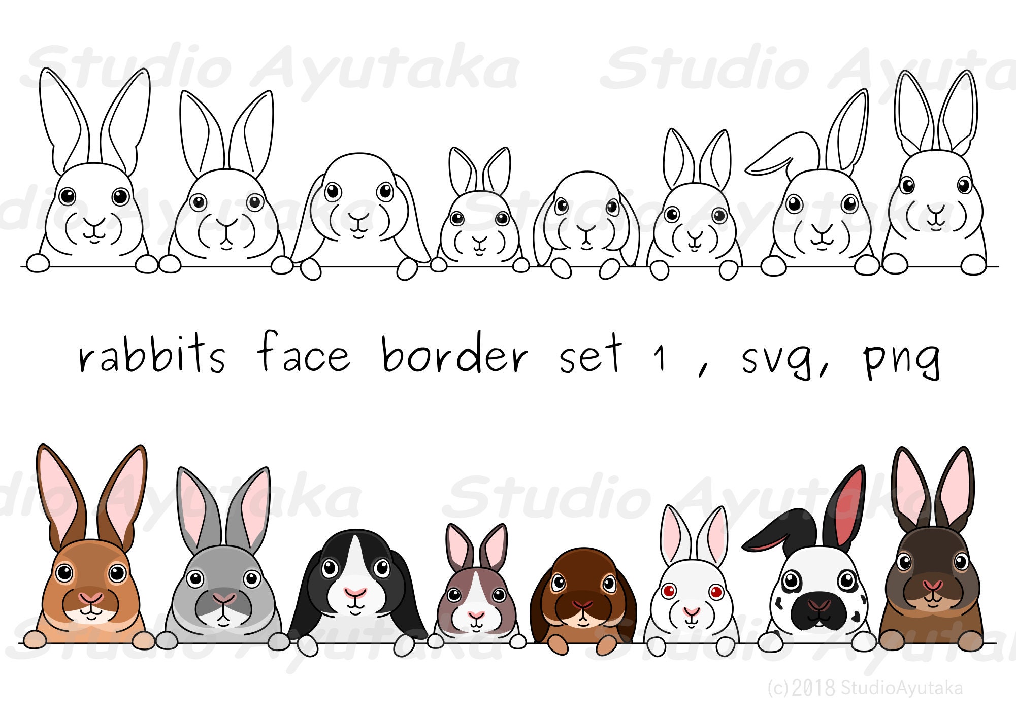 Rabbits face border set 1 lineart & color svg png | Etsy
