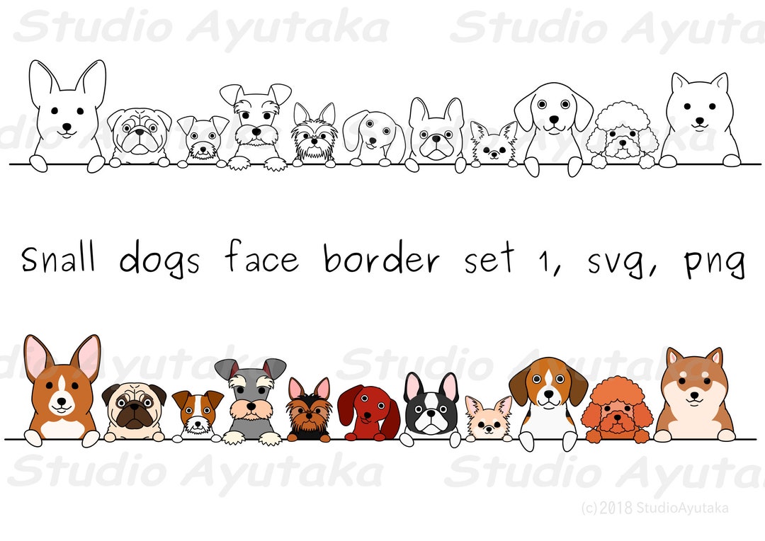 Small Dogs Face Border Set 1, Line Art & Color, Svg, Png, Handmade ...
