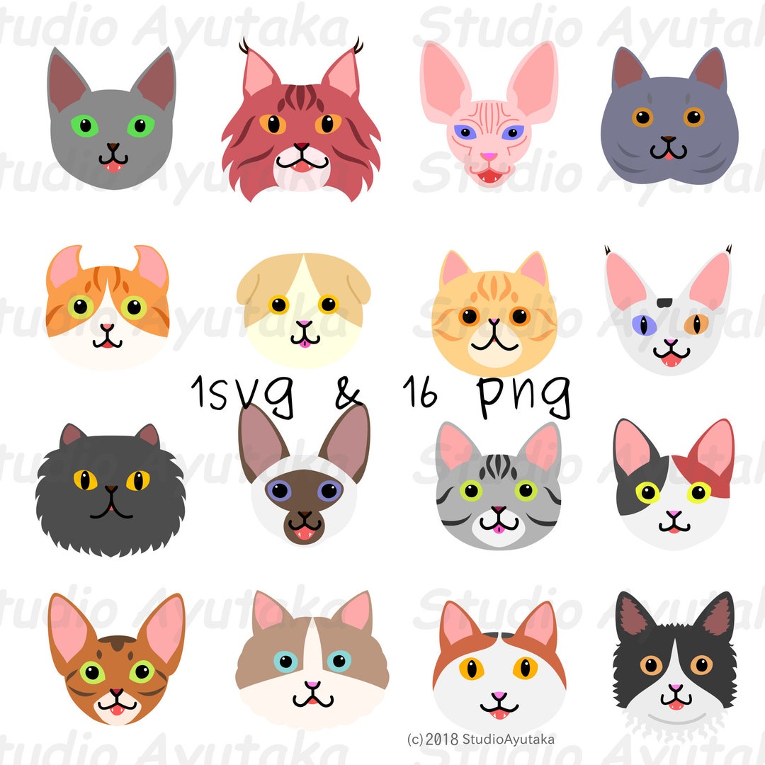 16 Cartoon Cat Face Set, Svg, Png, Illustration, Digital Drawing ...
