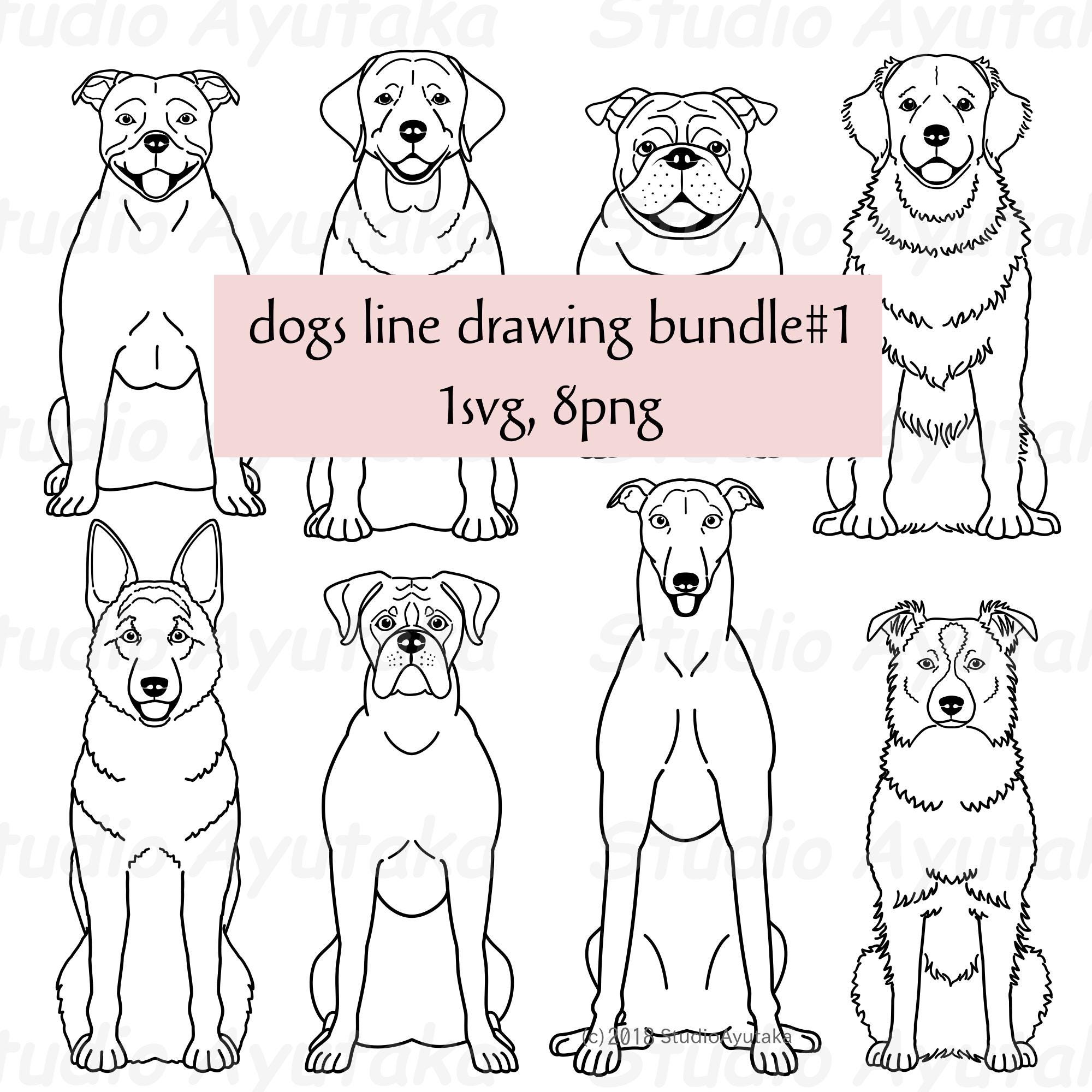 Dogs Line Drawing Bundle#1, Svg, Png, Sitting Dogs, Front View, Full ...