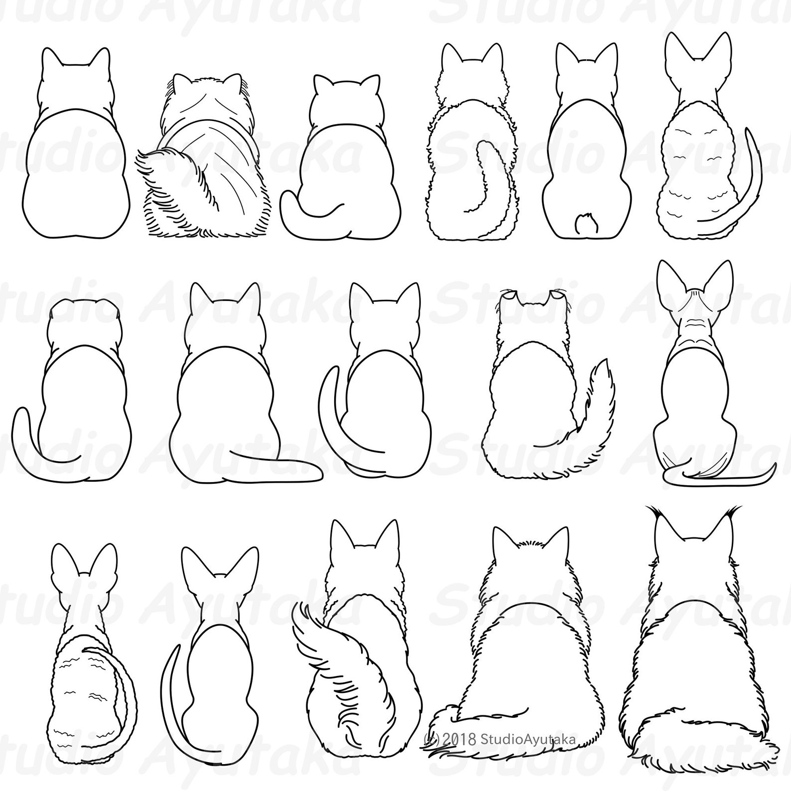 16 Breeds Cats From Front & Behind Lineart Bundle, Svg, Png ...
