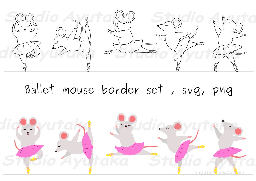 Ballerina Mouse Border Set, Line Art &color, Svg, Png, Illustration ...