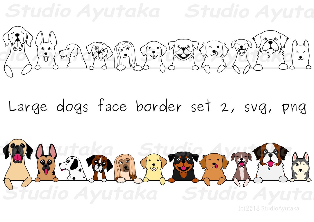 Large Dogs Face Border Set 2, Line Art & Color, Svg, Png, Handmade ...