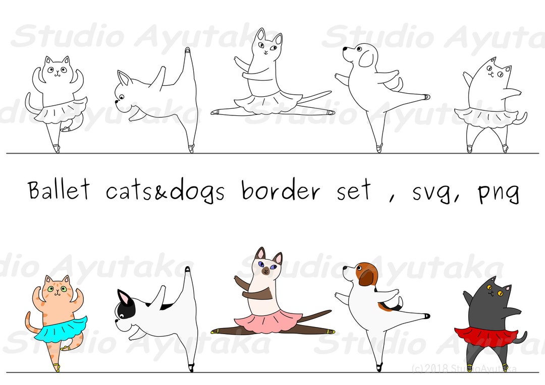 Ballet Dogs and Cats Border Set, Line Art&color, Svg, Png, Illustration ...