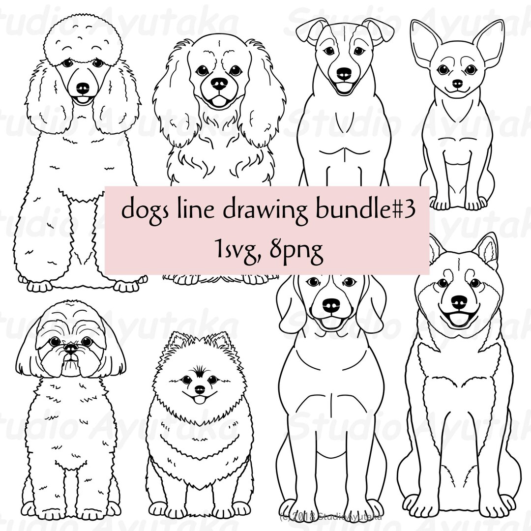 Dogs Line Drawing Bundle#3, Svg, Png, Sitting Dogs, Front View, Full ...