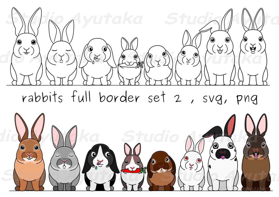 Rabbits Full Border Set 2, Line Art&color, Svg, Png, Illustration ...