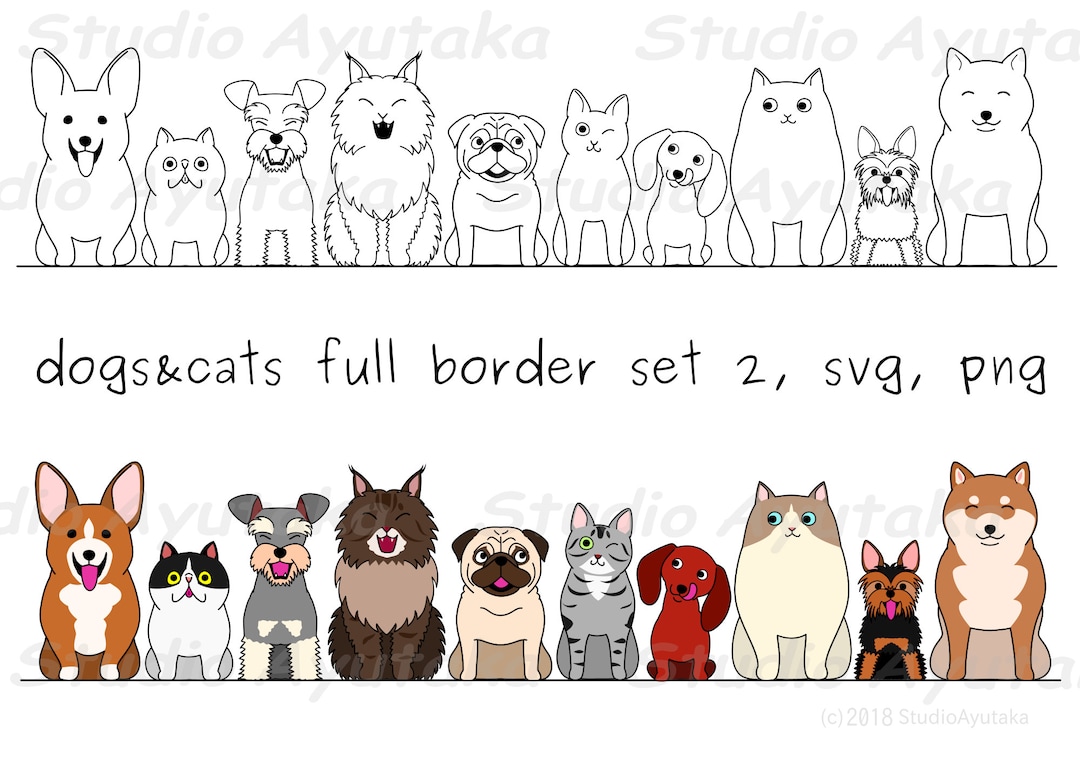 Cats & Dogs Full Border Set 2, Line Art and Color, Svg, Png ...