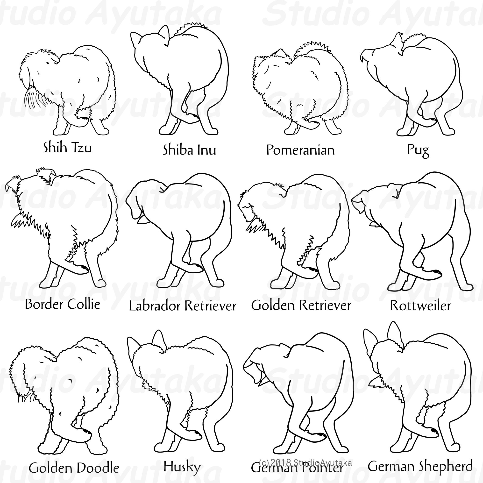 Dog Chewing His Tail Line Art Bundle, Front and Back Svg, Pdf, Png ...