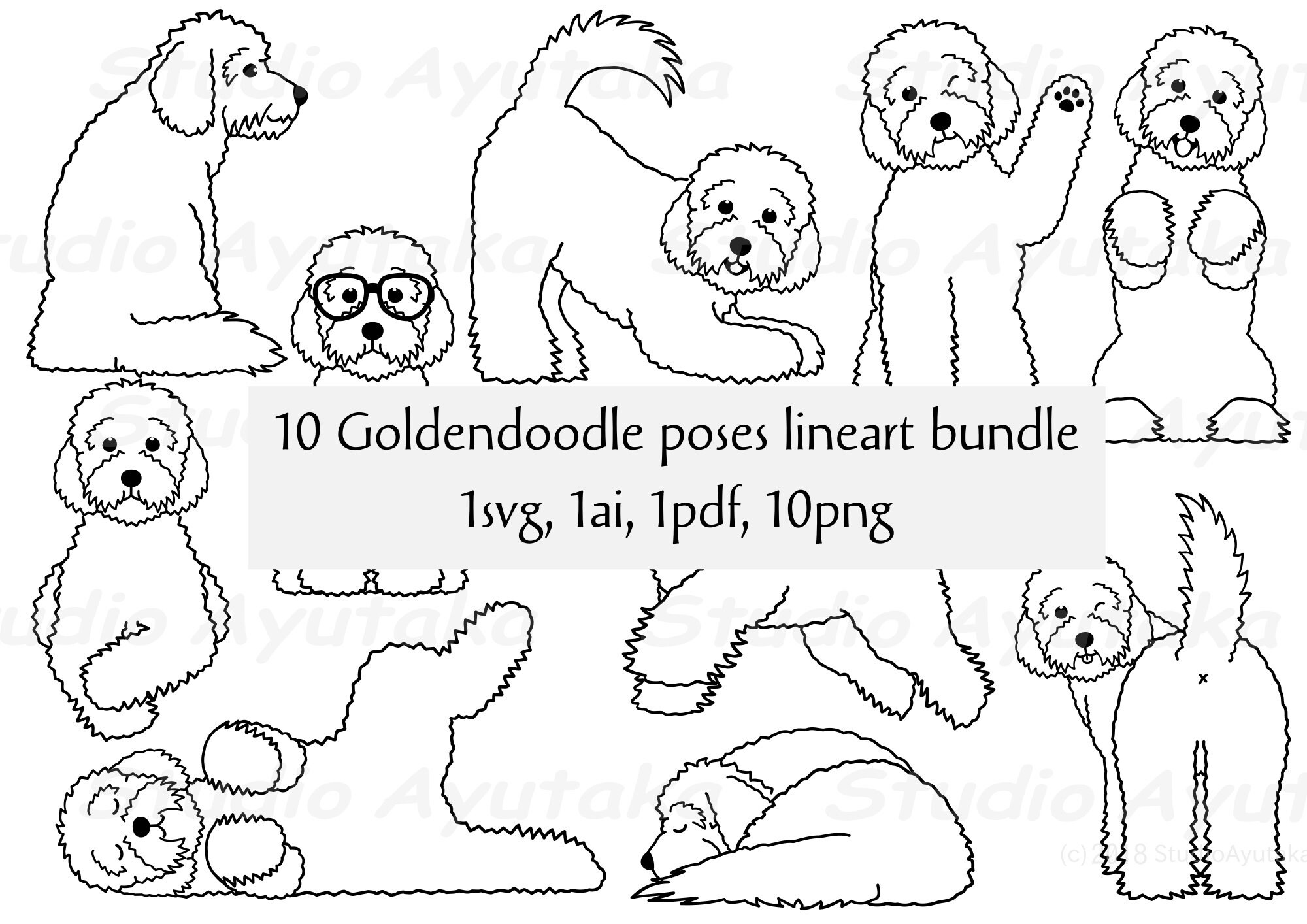 10 Goldendoodle Poses Line Art Bundle, Svg, Png, Ai, Pdf , Illustration ...