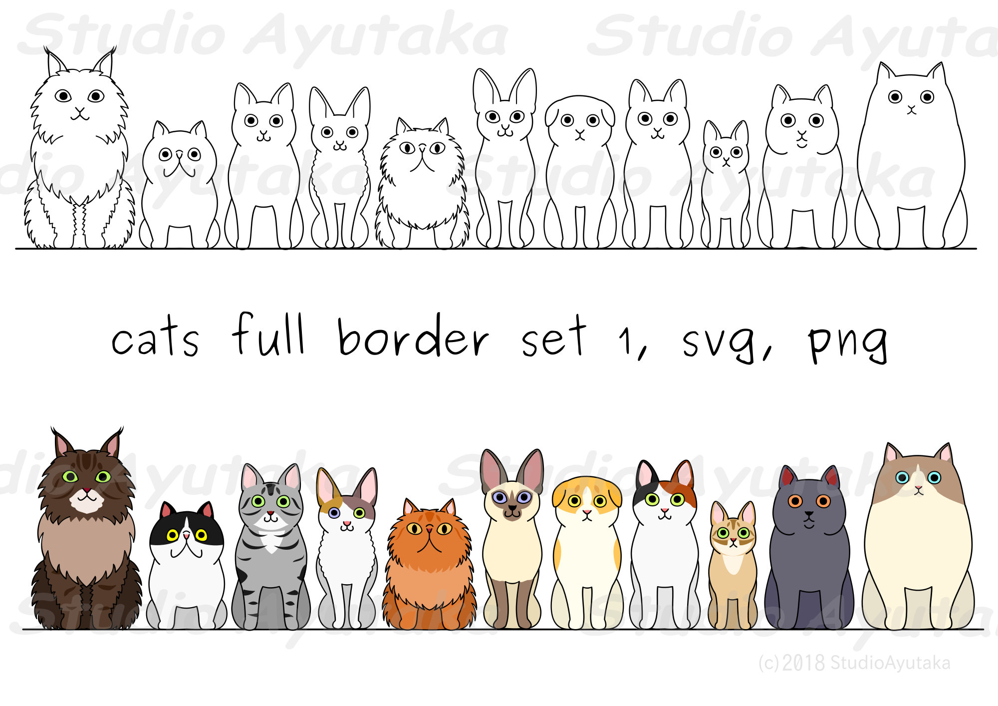 Cats Full Border Set 1 Line Art & Color Svg Png | Etsy