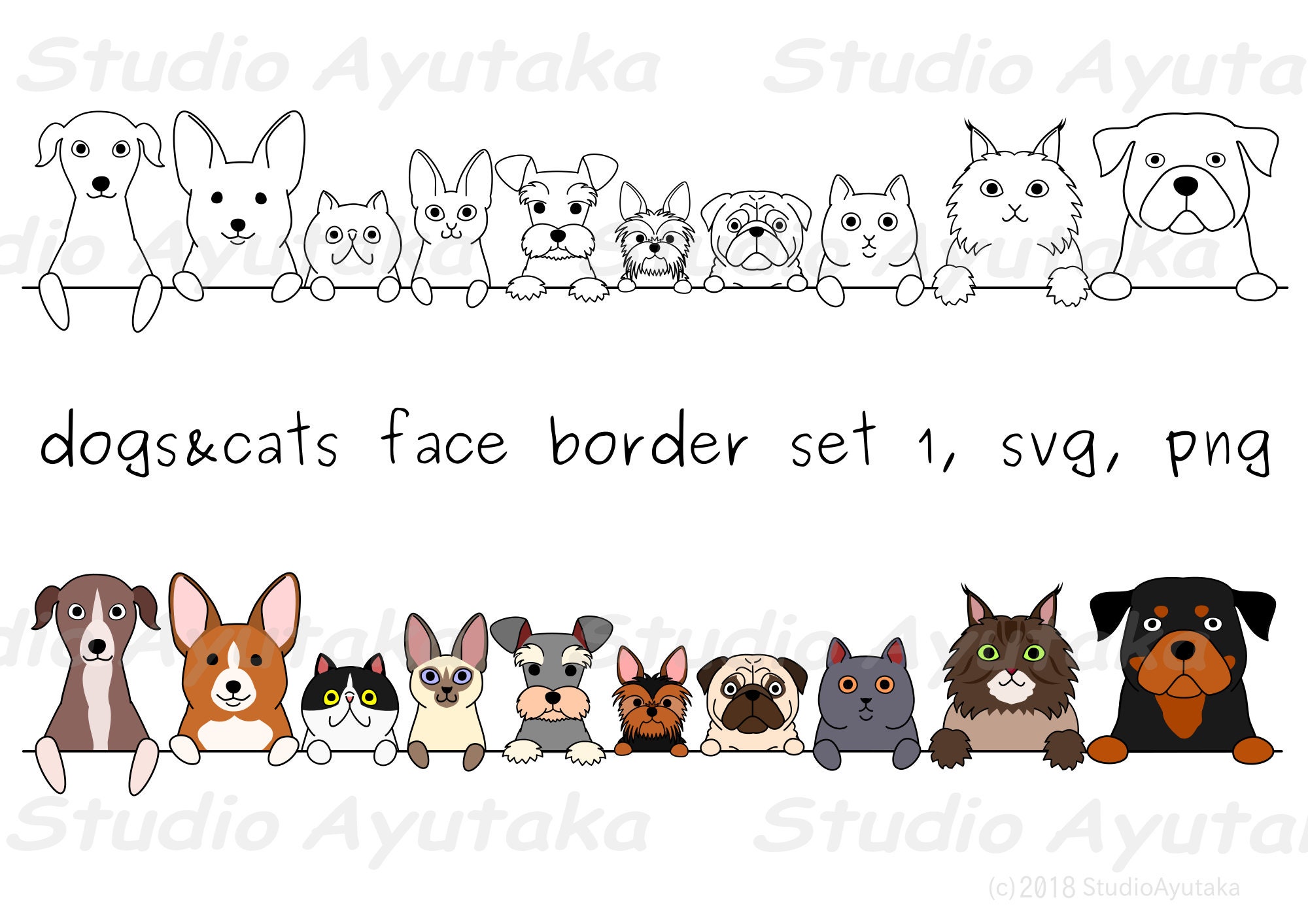 Cats & Dogs Face Border Set 1 Line Art and Color Svg Png - Etsy