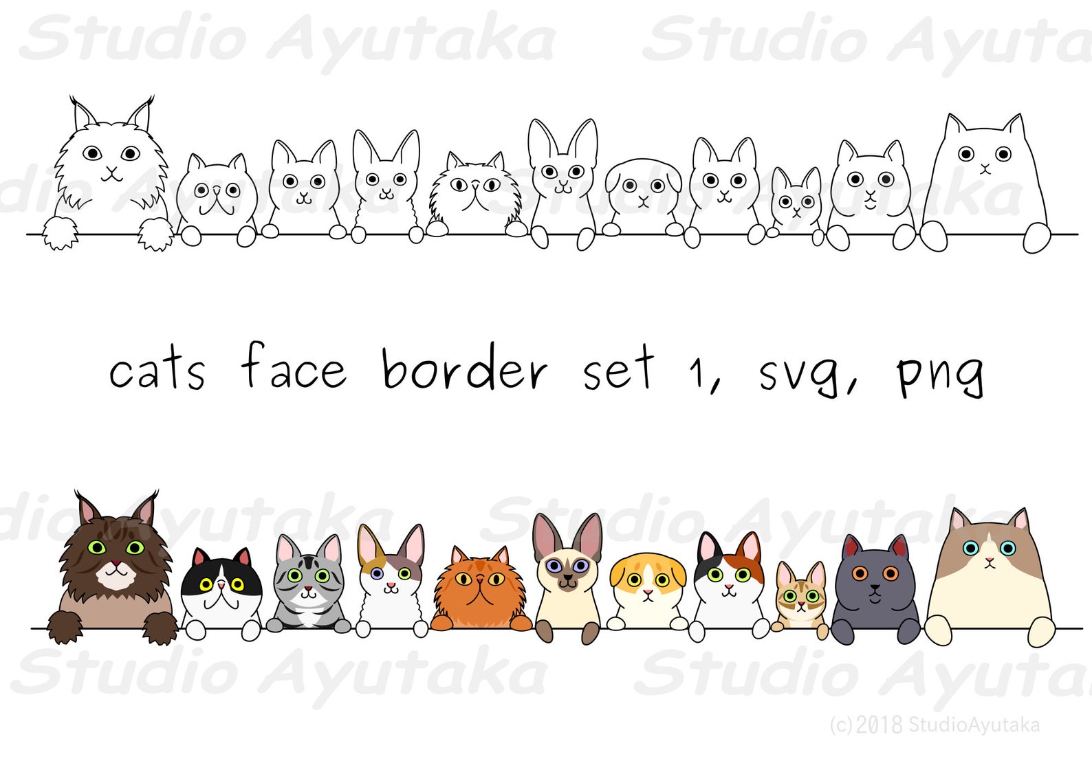 Cats Face Border Set 1 Line Art&color Svg Png - Etsy Singapore