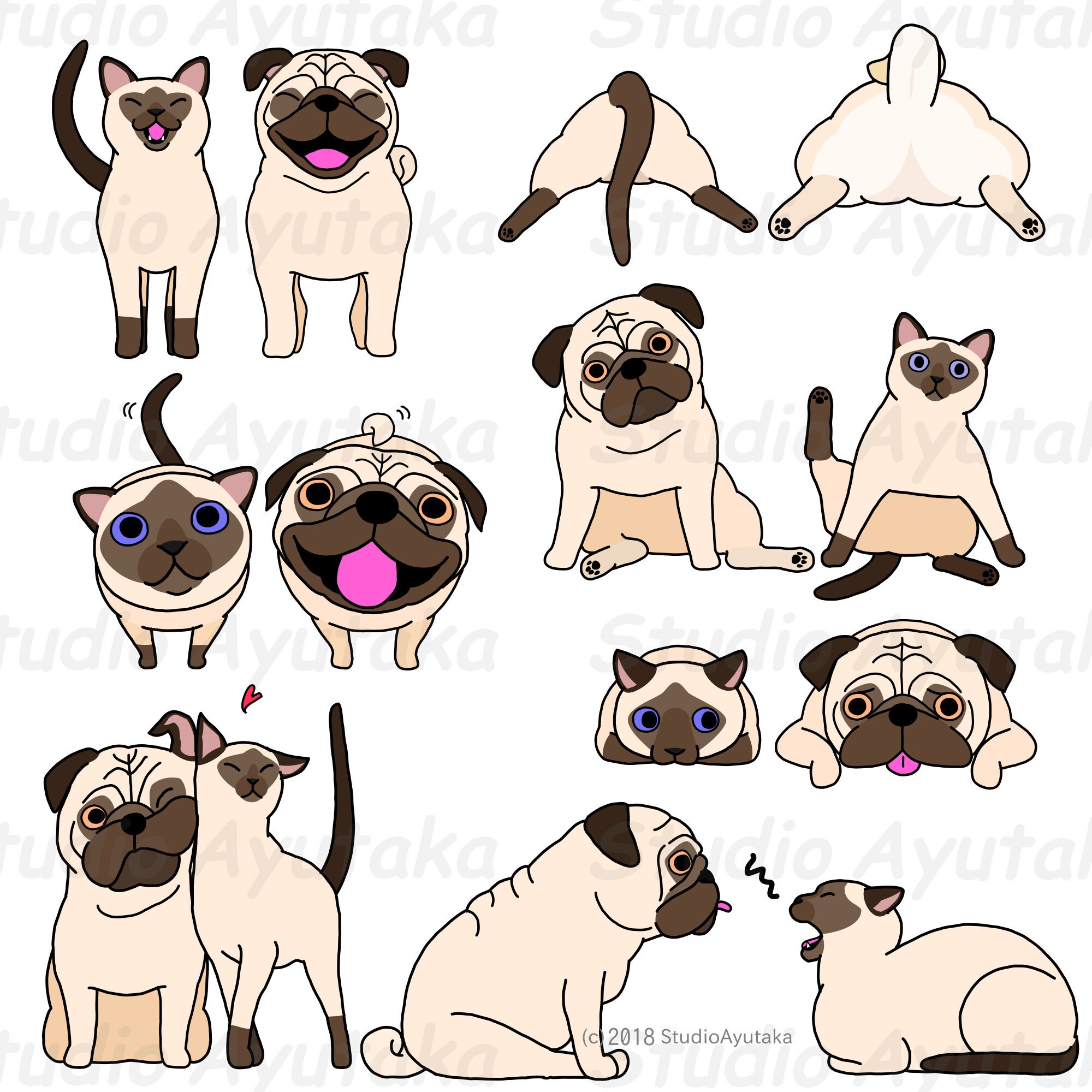 Siamese Cat&pug Dog Pair Set Colorline Art Pngsvg - Etsy