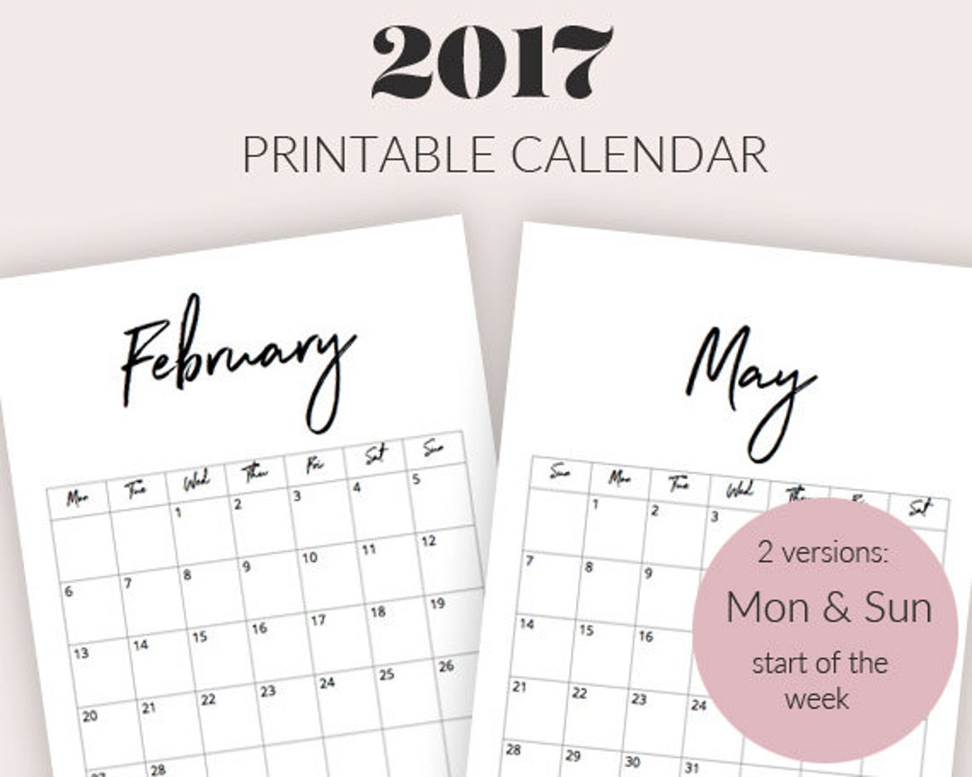 2017 Printable Calendar, Printable Calendar 2017, 2017 Calendar, Wall ...