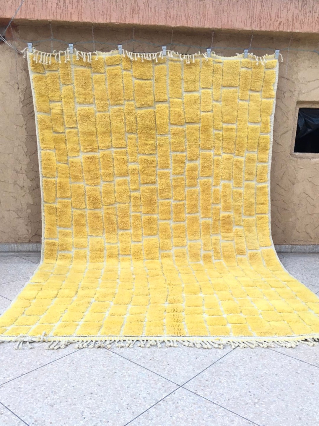 Gorgeous Yellow Moroccan Rug, Bright Yellow Blocked Design Carpet ...