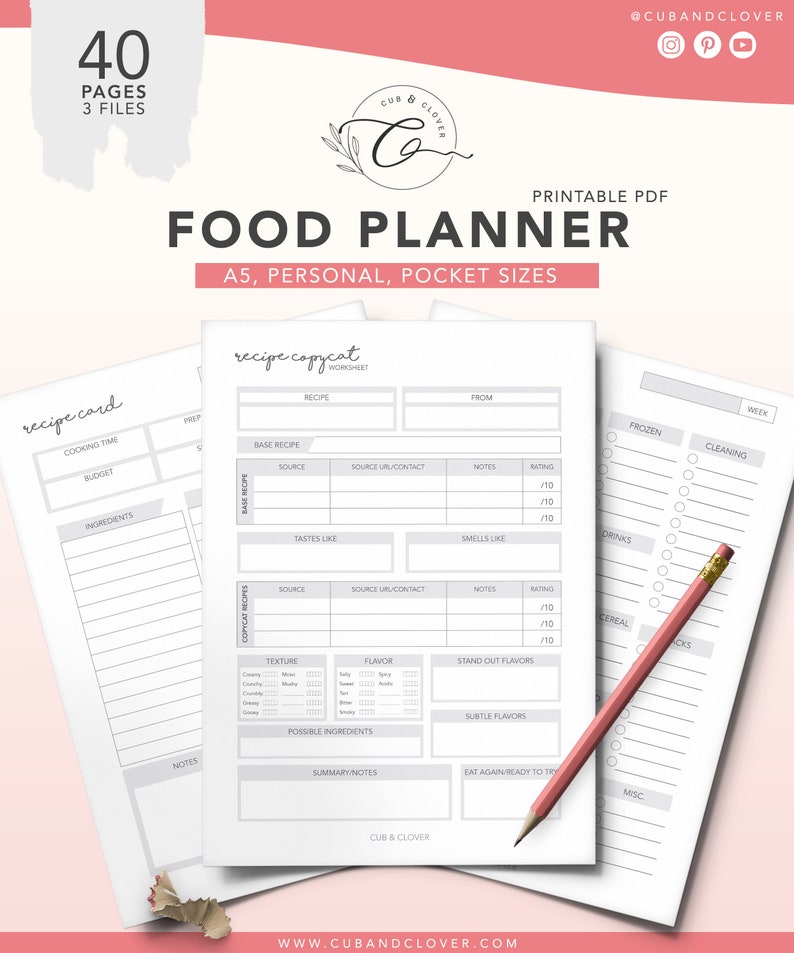 FOOD & RECIPE Planner Printable Weekly Meal Planner Meal | Etsy